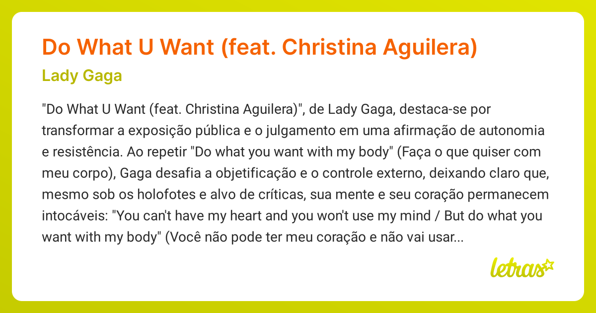 Significado da música Do What U Want (feat. Christina Aguilera) (Lady ...