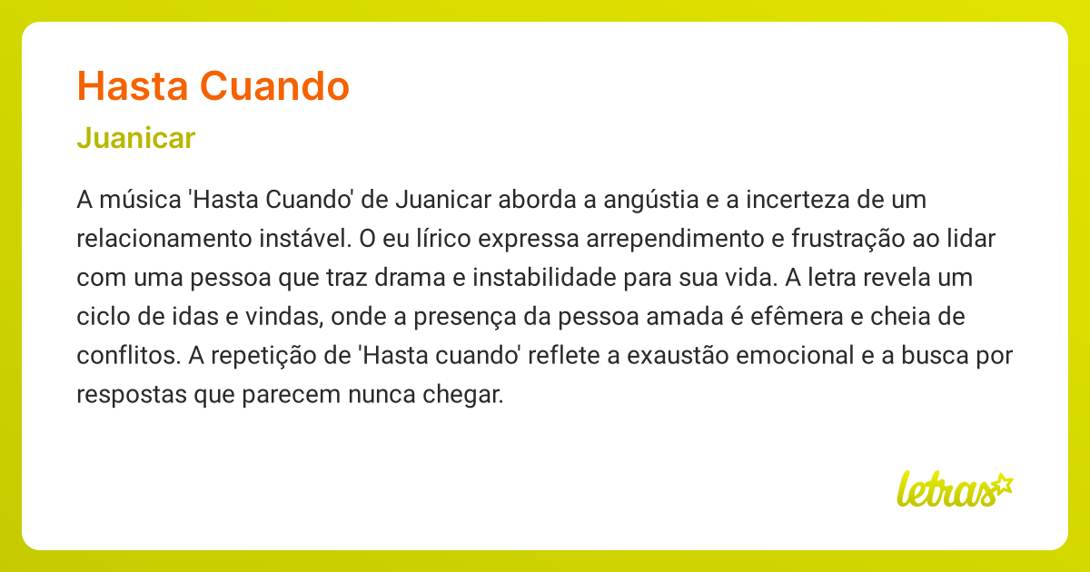 Significado da música HASTA CUANDO (Juanicar) - LETRAS.MUS.BR