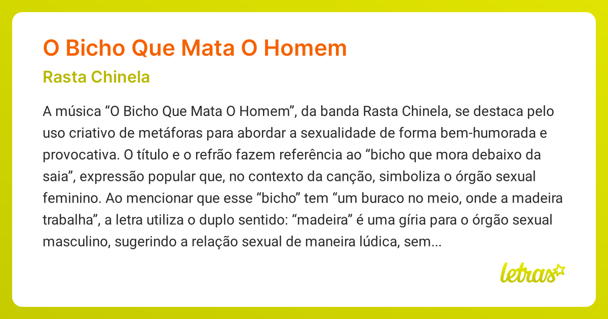 Significado da música O BICHO QUE MATA O HOMEM (Rasta Chinela) - LETRAS ...