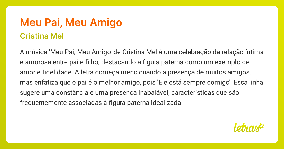 Significado da música MEU PAI, MEU AMIGO (Cristina Mel) - LETRAS.MUS.BR