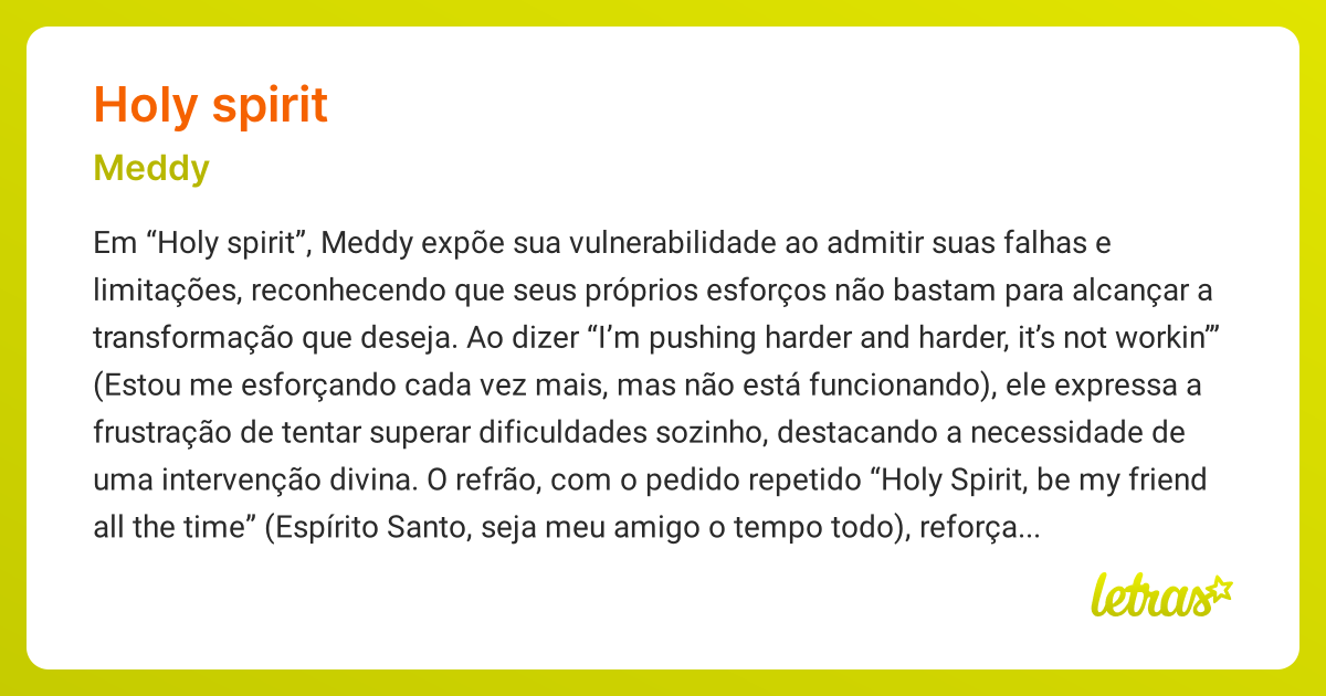 Significado da música HOLY SPIRIT (Meddy) - LETRAS.MUS.BR
