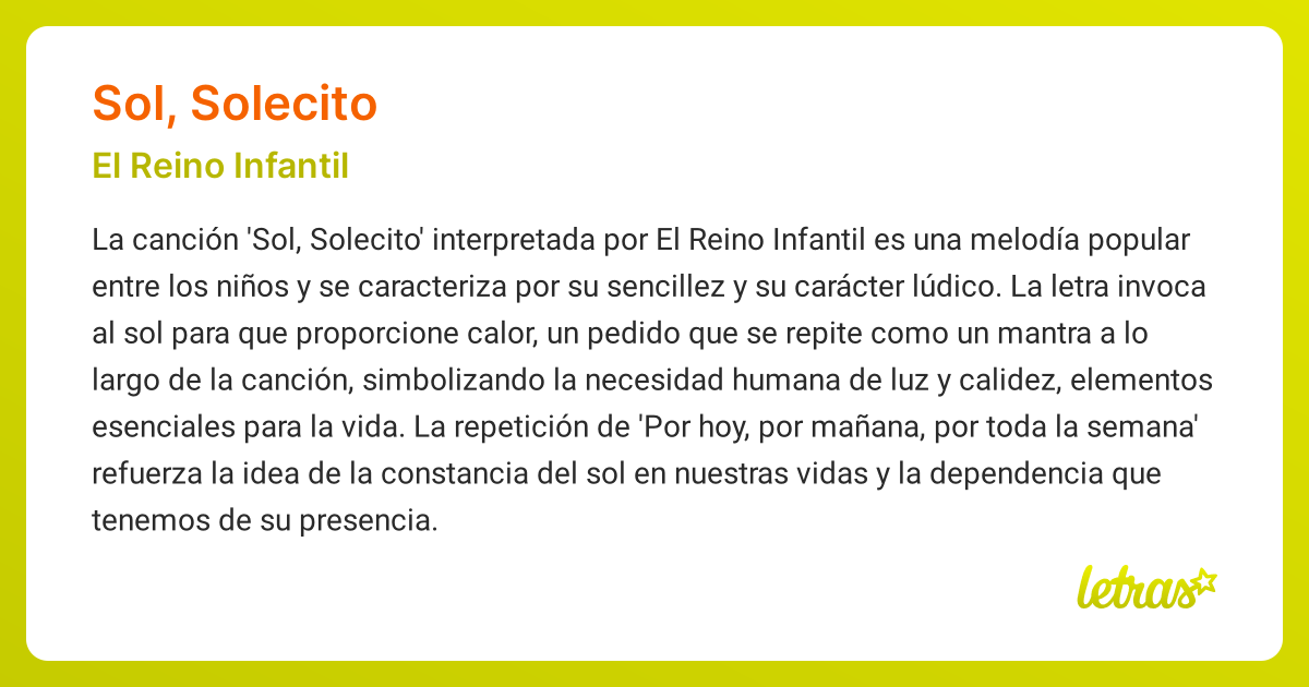 Significado de la canción SOL, SOLECITO (El Reino Infantil) - LETRAS.COM