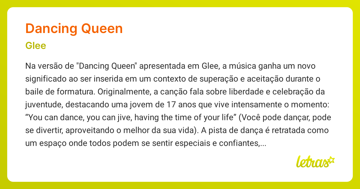 Significado da música DANCING QUEEN (Glee) - LETRAS.MUS.BR