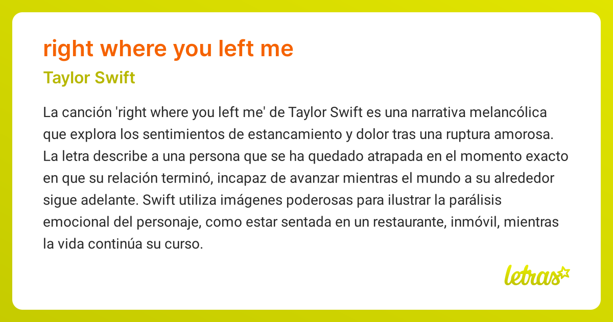 Significado de la canción RIGHT WHERE YOU LEFT ME (Taylor Swift ...