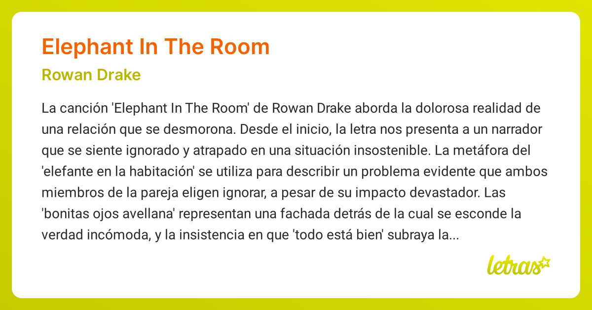 Significado de la canción ELEPHANT IN THE ROOM (Rowan Drake) - LETRAS.COM