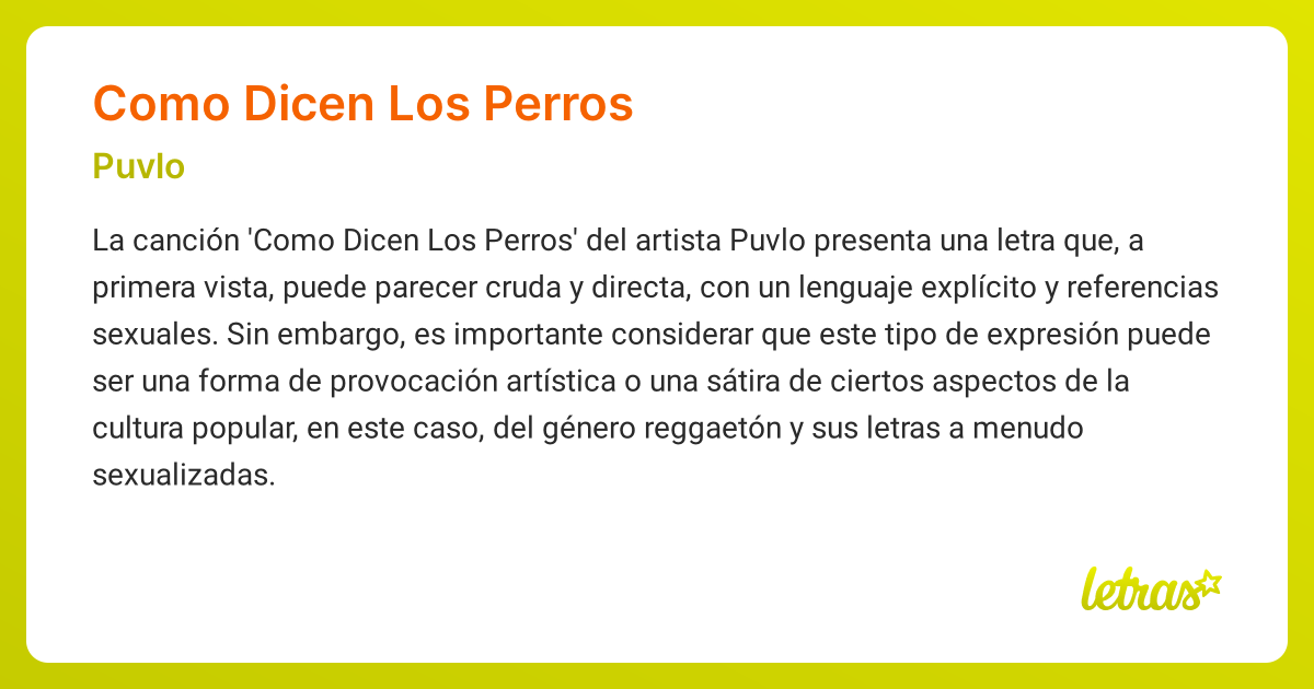 Significado de la canción COMO DICEN LOS PERROS (Puvlo) - LETRAS.COM