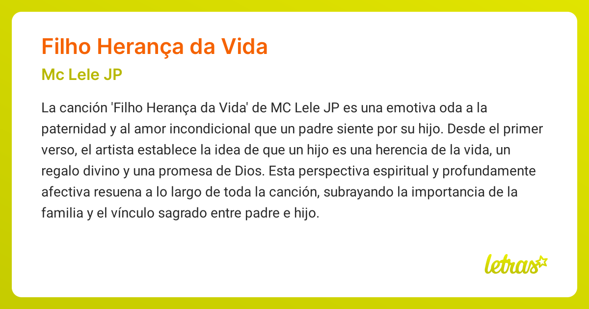 Significado de la canción FILHO HERANÇA DA VIDA (MC Lele JP) - LETRAS.COM
