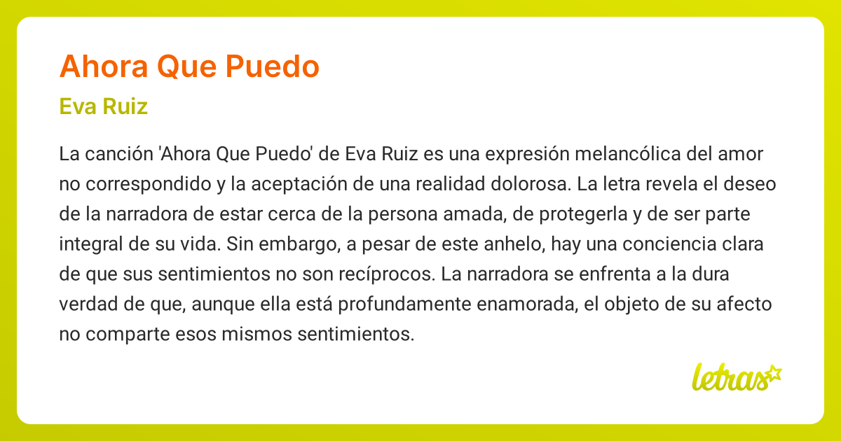 Significado de la canción AHORA QUE PUEDO (Eva Ruiz) - LETRAS.COM