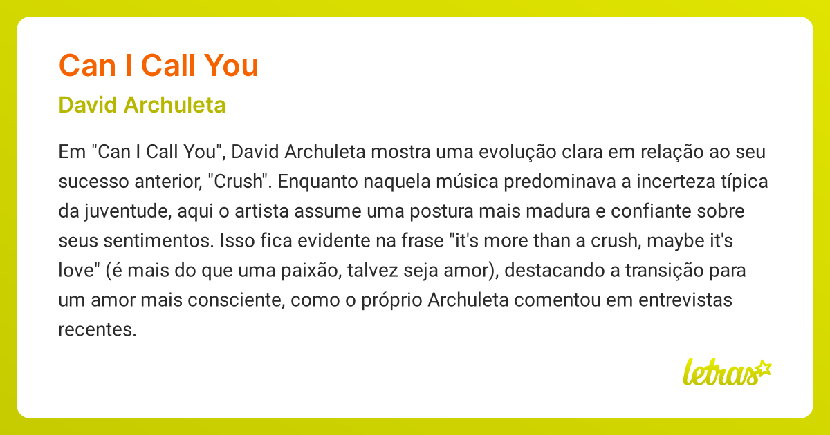 Significado da música CAN I CALL YOU (David Archuleta) - LETRAS.MUS.BR