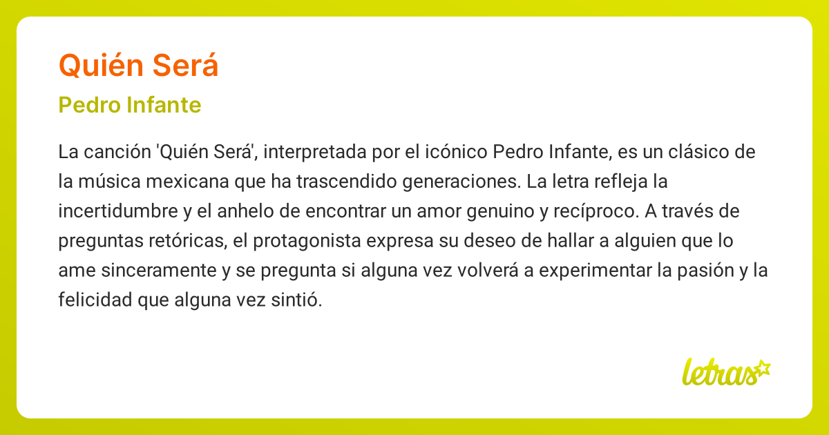 Significado de la canción QUIÉN SERÁ (Pedro Infante) - LETRAS.COM