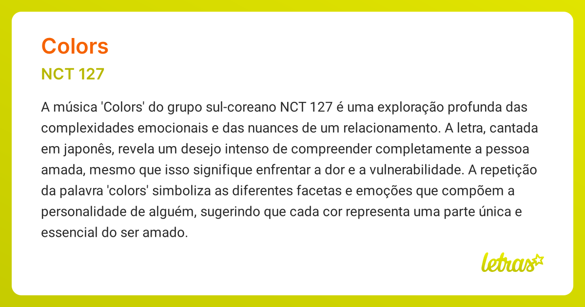 Significado da música COLORS (NCT 127) - LETRAS.MUS.BR