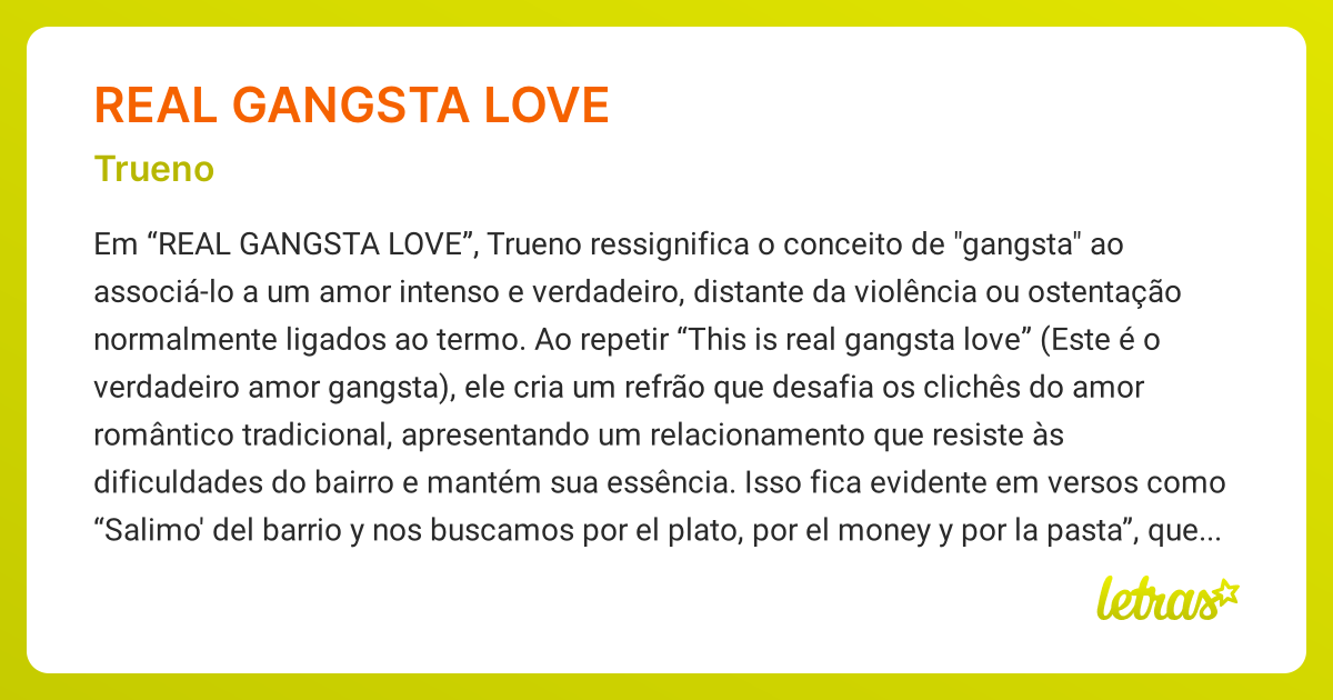 Significado da música REAL GANGSTA LOVE (Trueno) - LETRAS.MUS.BR