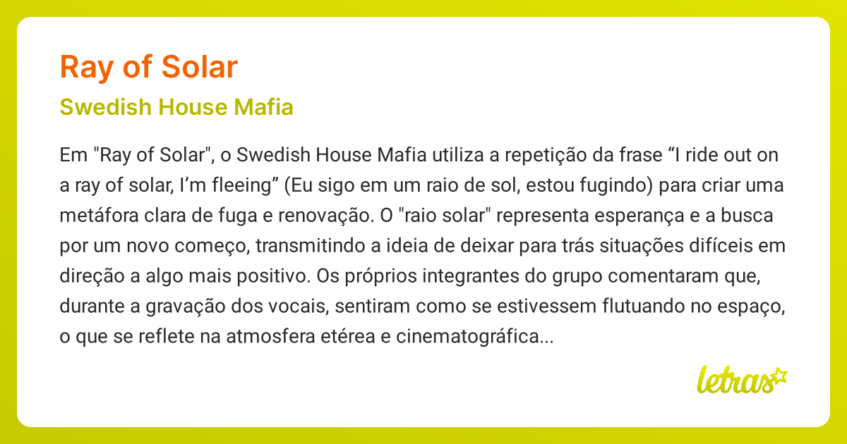 Significado da música RAY OF SOLAR (Swedish House Mafia) - LETRAS.MUS.BR
