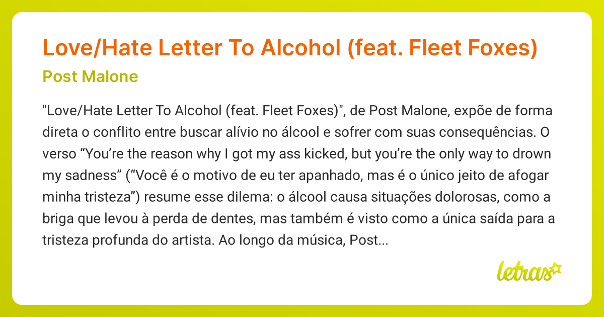 Significado da música Love/Hate Letter To Alcohol (feat. Fleet Foxes ...
