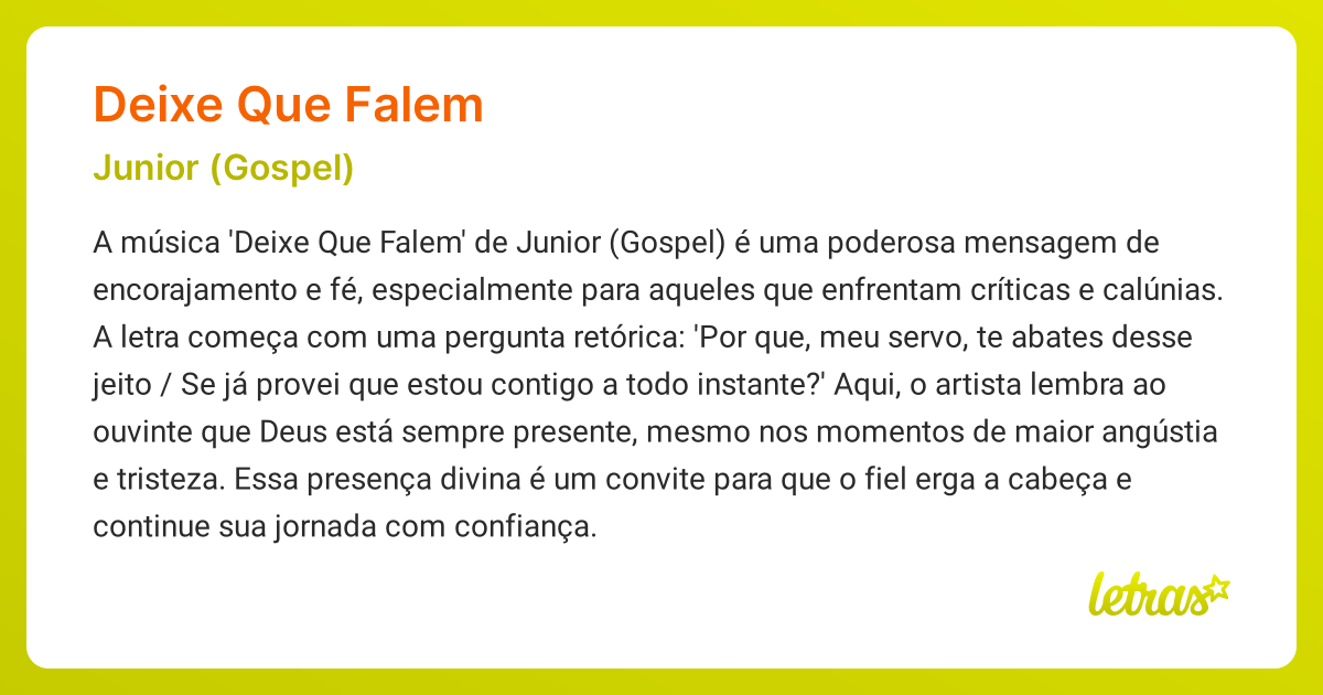 Significado da música DEIXE QUE FALEM (Junior (Gospel)) - LETRAS.MUS.BR