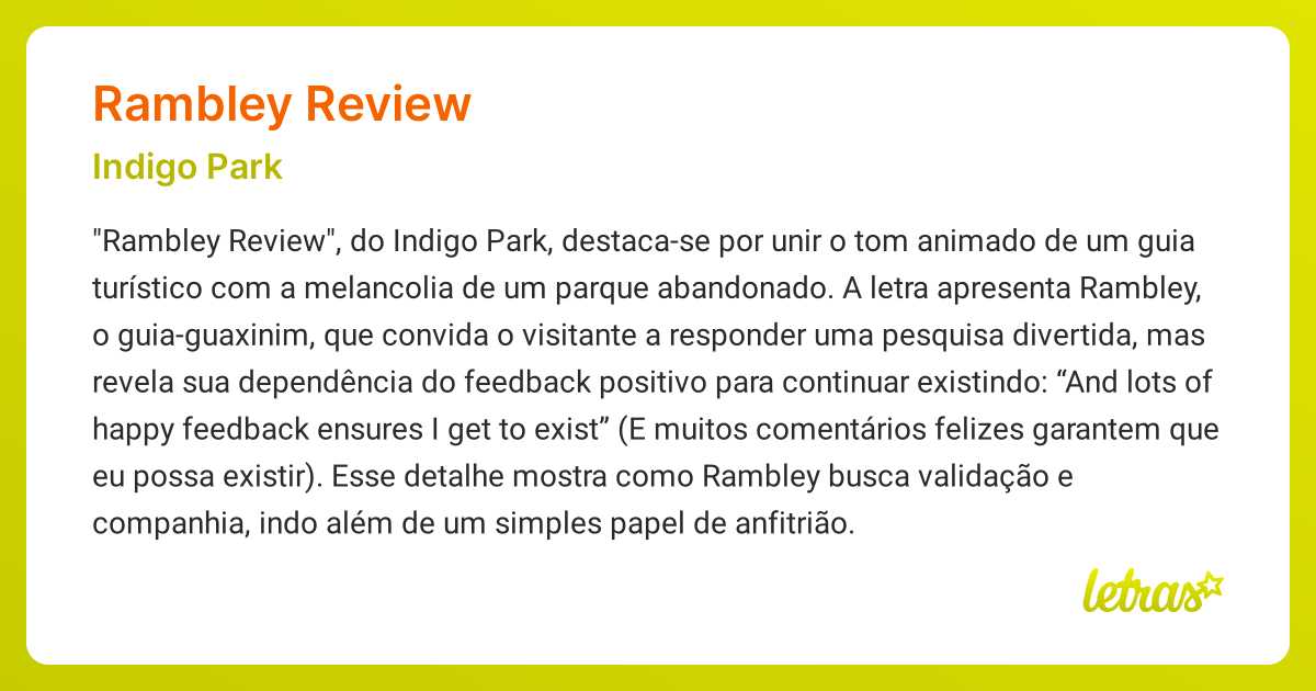 Significado da música RAMBLEY REVIEW (Indigo Park) - LETRAS.MUS.BR