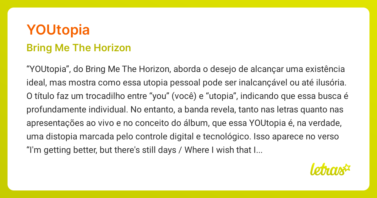 Significado da música YOUTOPIA (Bring Me The Horizon) - LETRAS.MUS.BR