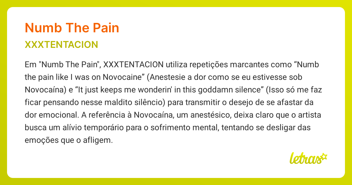 Significado da música NUMB THE PAIN (XXXTENTACION) - LETRAS.MUS.BR