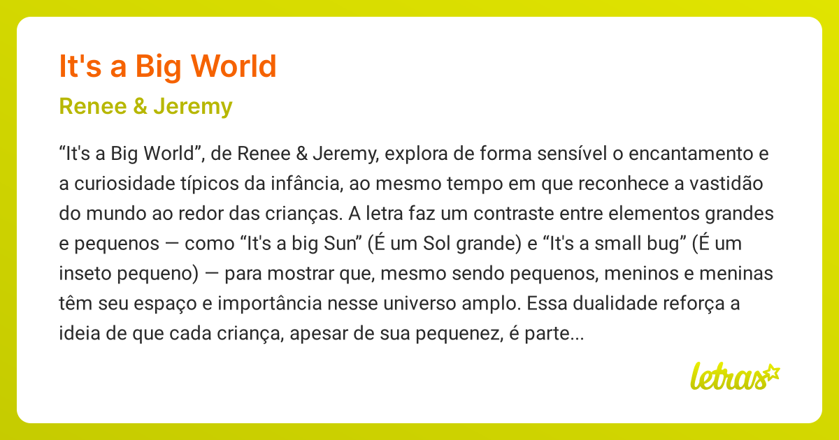 Significado da música IT'S A BIG WORLD (Renee & Jeremy) - LETRAS.MUS.BR