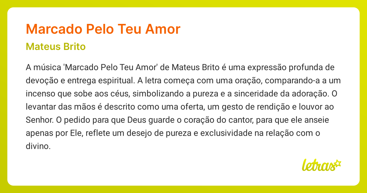 Significado da música MARCADO PELO TEU AMOR (Mateus Brito) - LETRAS.MUS.BR