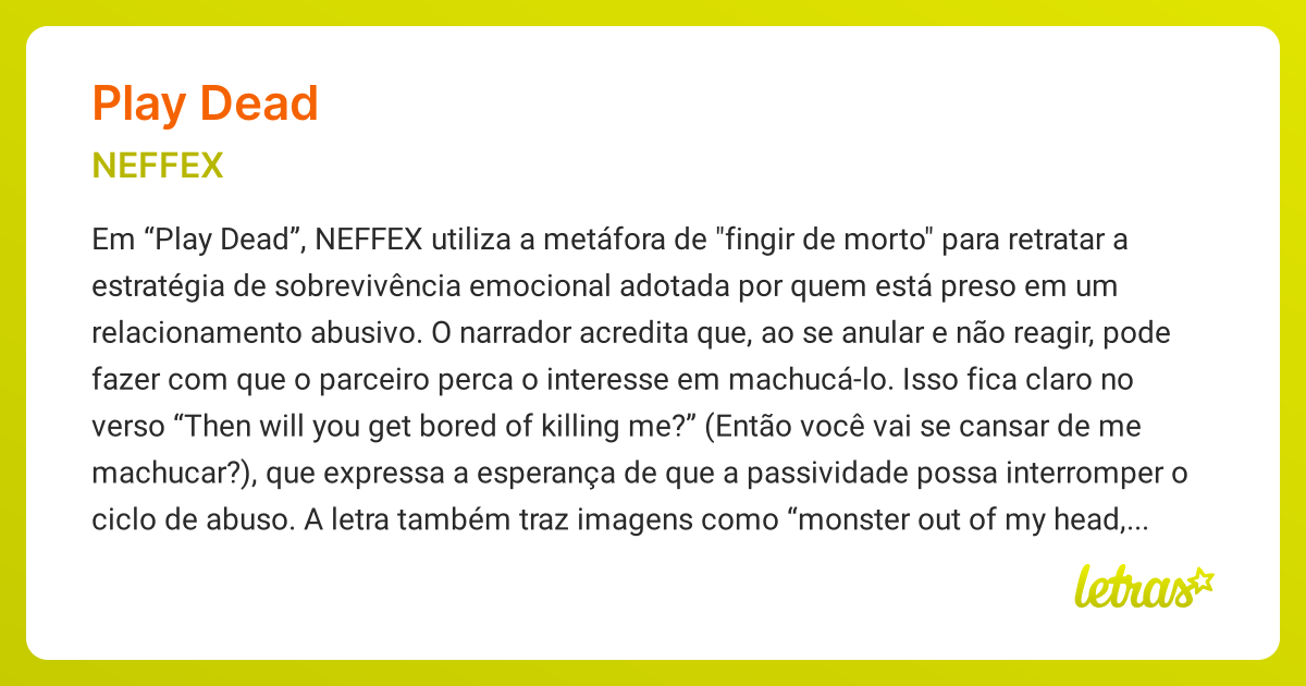 Significado da música PLAY DEAD (NEFFEX) - LETRAS.MUS.BR
