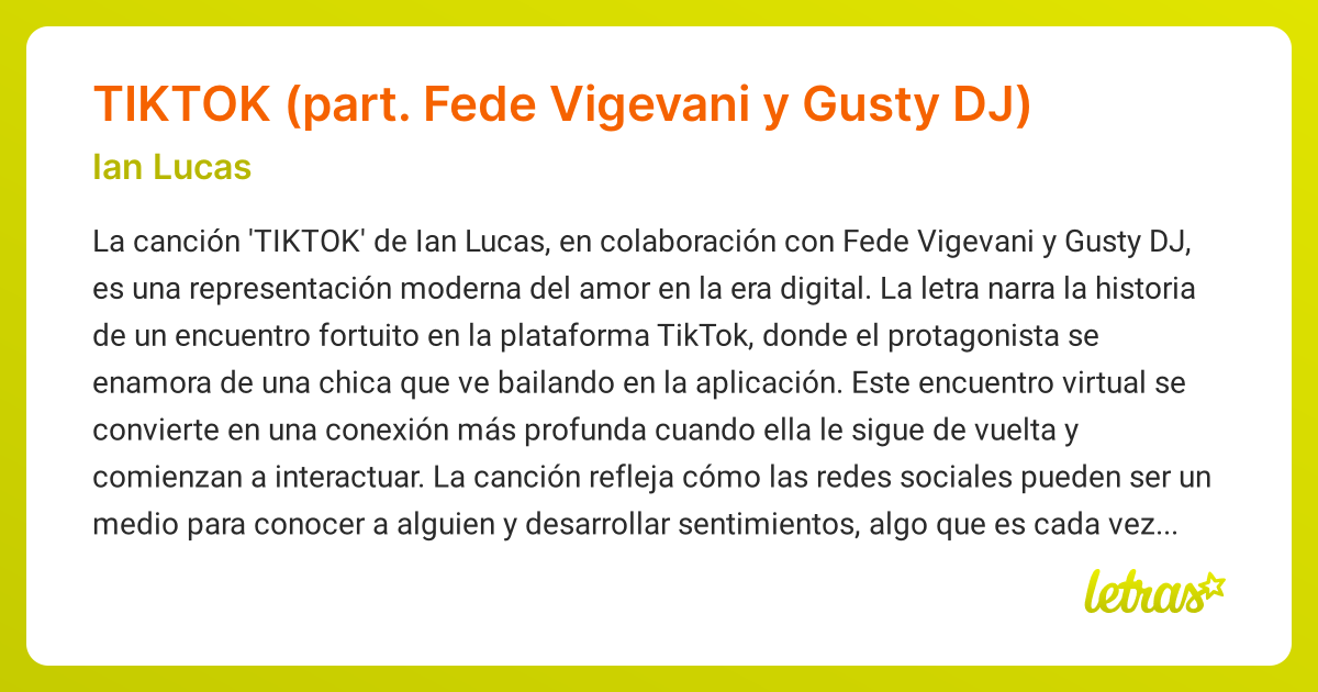 Significado de la canción TIKTOK (part. Fede Vigevani y Gusty DJ) (Ian Lucas) - LETRAS.COM