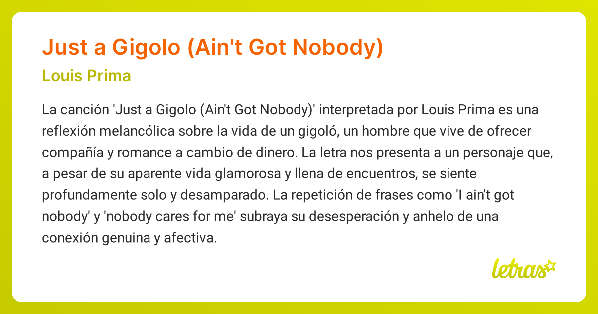 Significado de la canción Just a Gigolo (Ain't Got Nobody) (Louis Prima ...