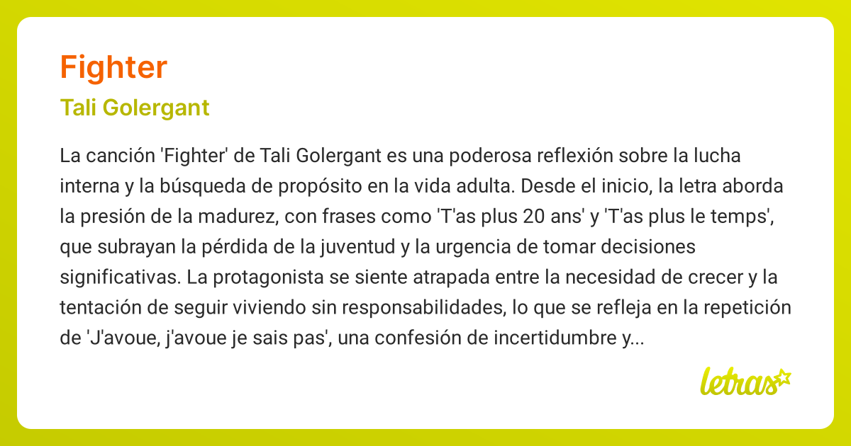 Significado de la canción FIGHTER (Tali Golergant) - LETRAS.COM