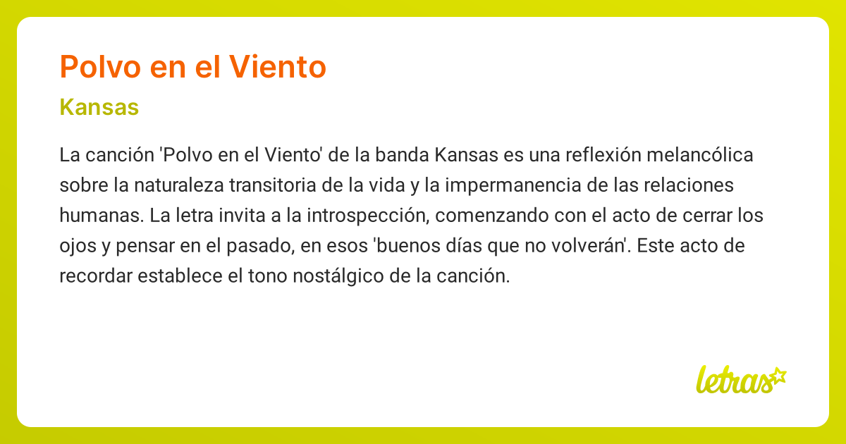 Significado de la canción POLVO EN EL VIENTO (Kansas) - LETRAS.COM
