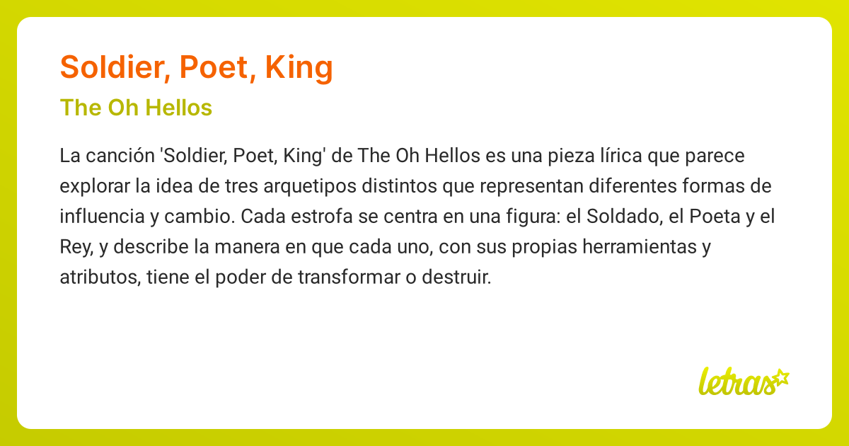 Significado de la canción SOLDIER, POET, KING (The Oh Hellos) - LETRAS.COM