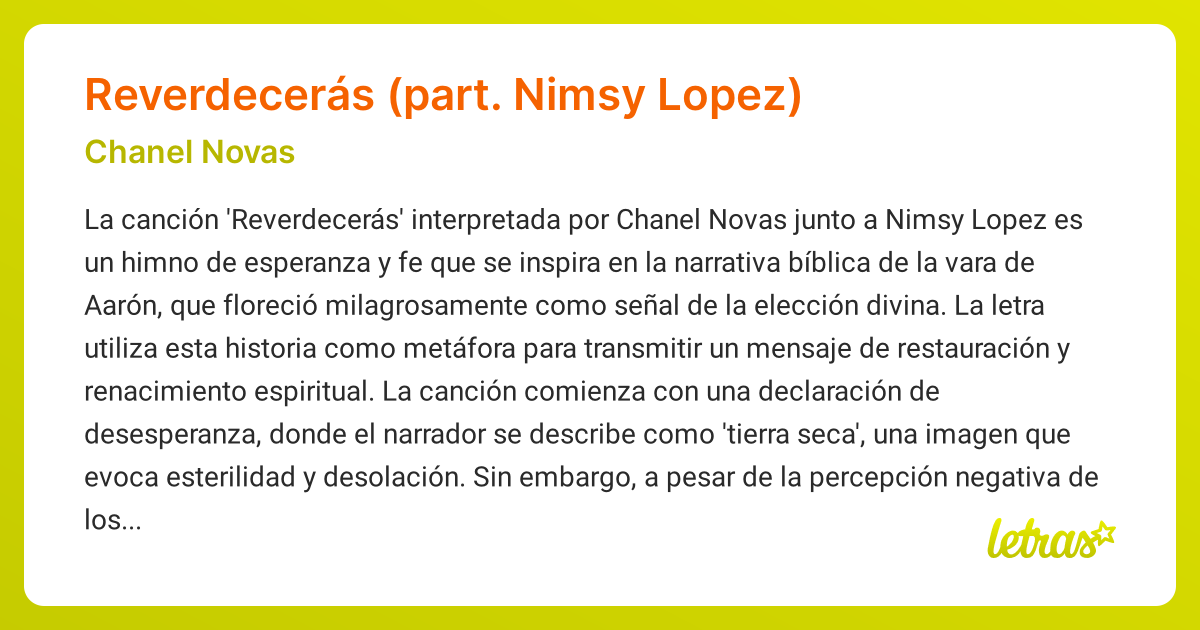 Significado de la canción Reverdecerás (part. Nimsy Lopez) (Chanel ...