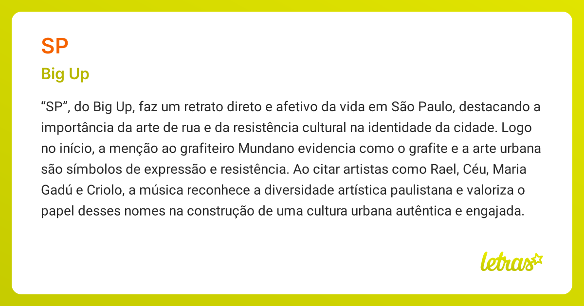 Significado da música SP (Big Up) - LETRAS.MUS.BR