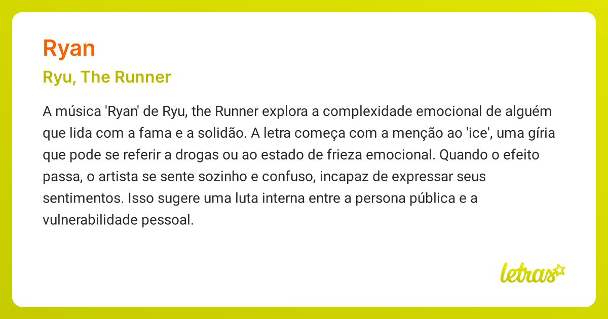 Significado da música RYAN (Ryu, The Runner) - LETRAS.MUS.BR