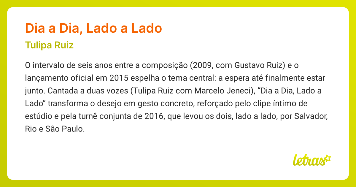 Significado da música DIA A DIA, LADO A LADO (Tulipa Ruiz) - LETRAS.MUS.BR