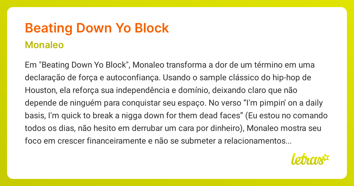 Significado da música BEATING DOWN YO BLOCK (Monaleo) - LETRAS.MUS.BR