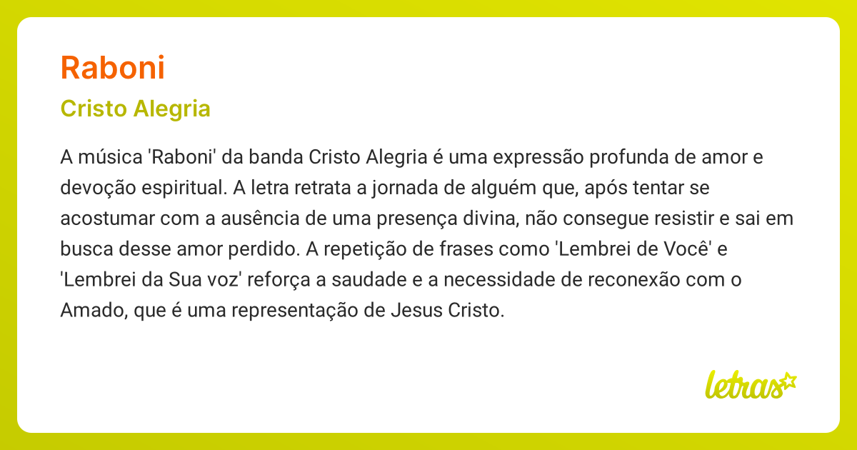 Significado da música RABONI (Cristo Alegria) - LETRAS.MUS.BR