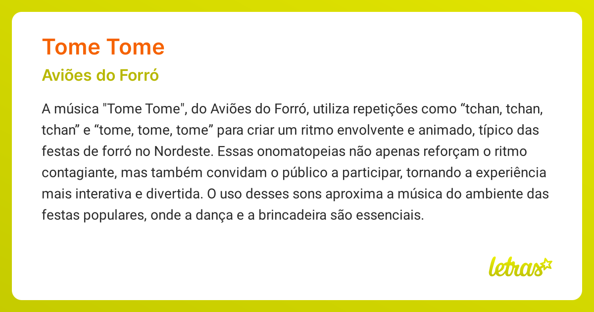 Significado da música TOME TOME (Aviões do Forró) - LETRAS.MUS.BR
