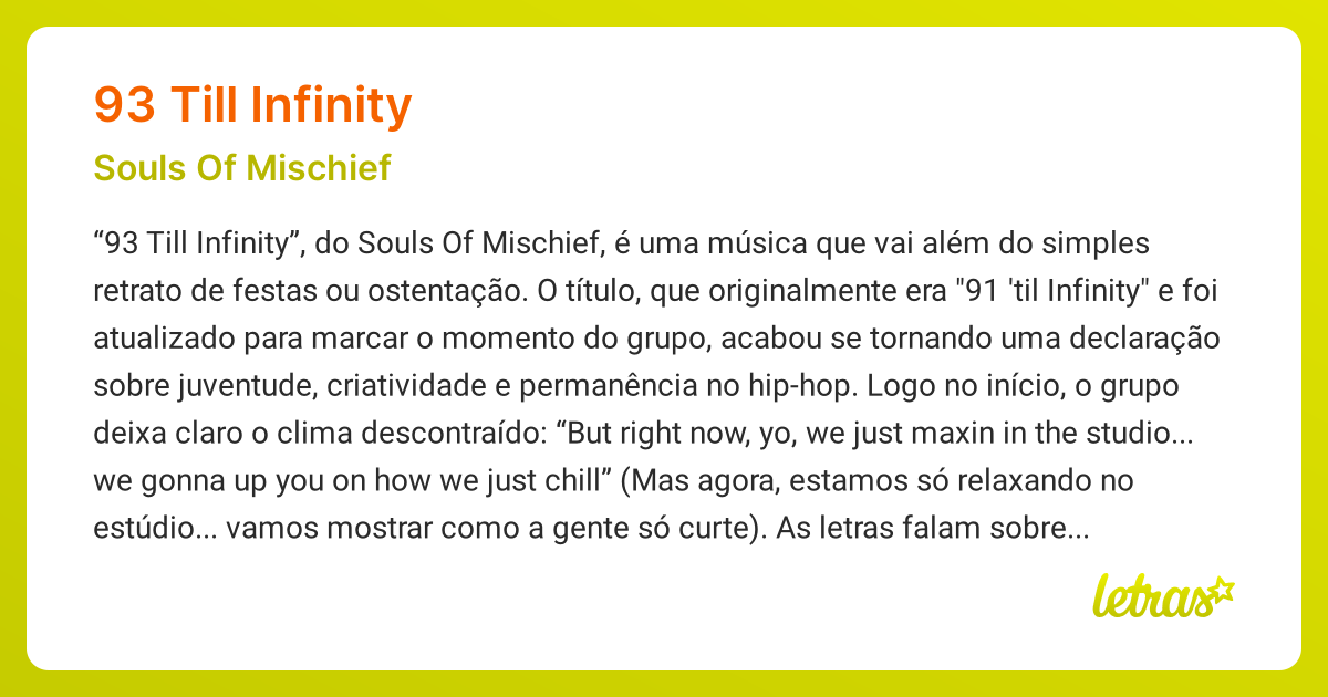 Significado da música 93 TILL INFINITY (Souls Of Mischief) - LETRAS.MUS.BR