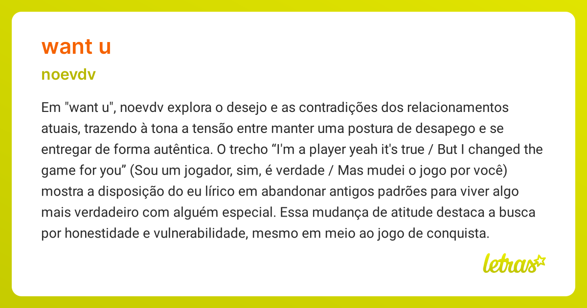Significado da música WANT U (noevdv) - LETRAS.MUS.BR