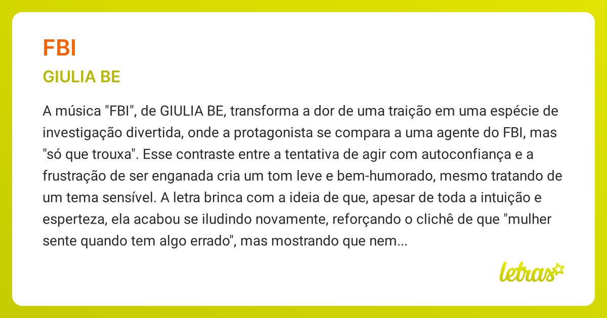Significado da música FBI (GIULIA BE) - LETRAS.MUS.BR