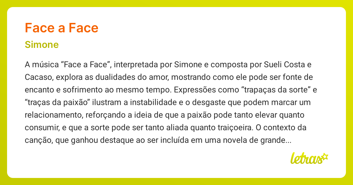 Significado da música FACE A FACE (Simone) - LETRAS.MUS.BR