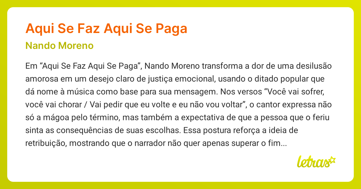 Significado da música AQUI SE FAZ AQUI SE PAGA (Nando Moreno) - LETRAS ...