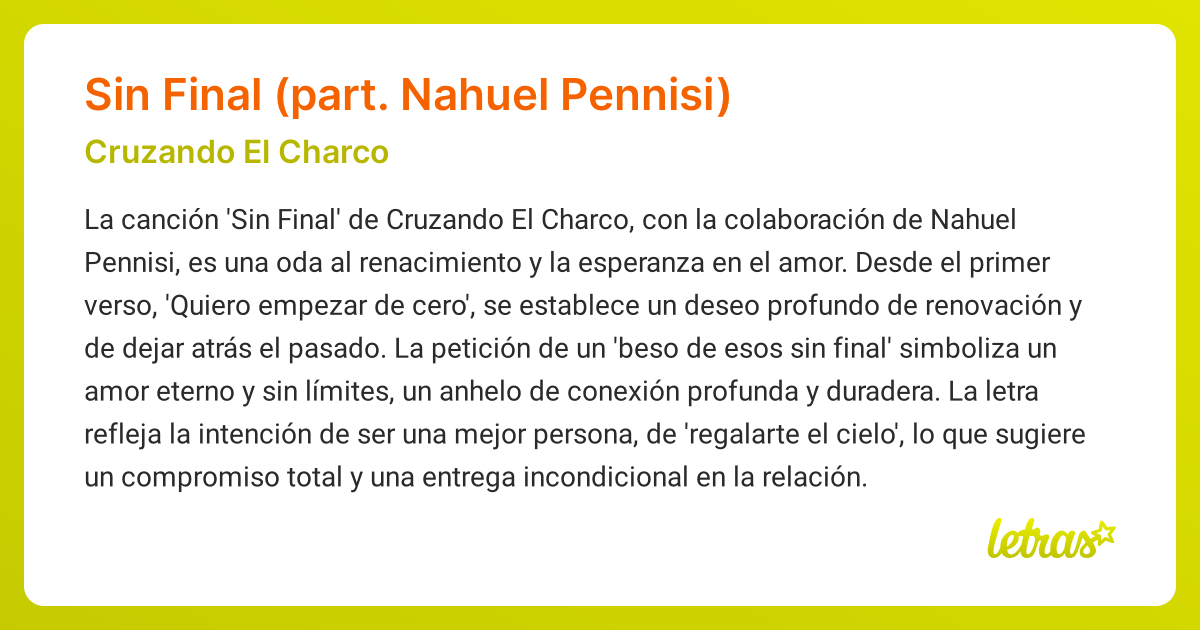 Significado de la canción Sin Final (part. Nahuel Pennisi) (Cruzando El Charco) - LETRAS.COM