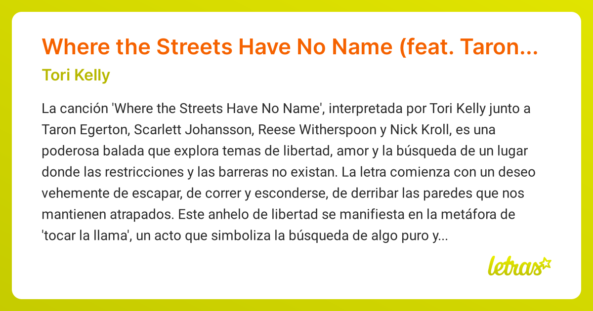 Significado de la canción Where the Streets Have No Name (feat. Taron ...