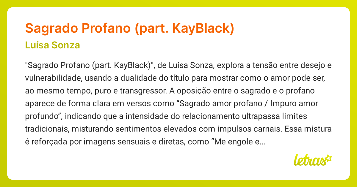 Significado da música Sagrado Profano (part. KayBlack) (Luísa Sonza ...