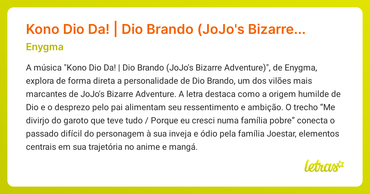 Significado da música Kono Dio Da! | Dio Brando (JoJo's Bizarre ...