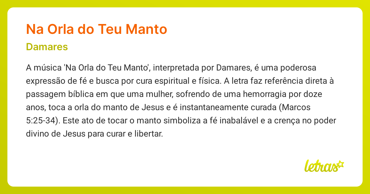Significado da música NA ORLA DO TEU MANTO (Damares) - LETRAS.MUS.BR