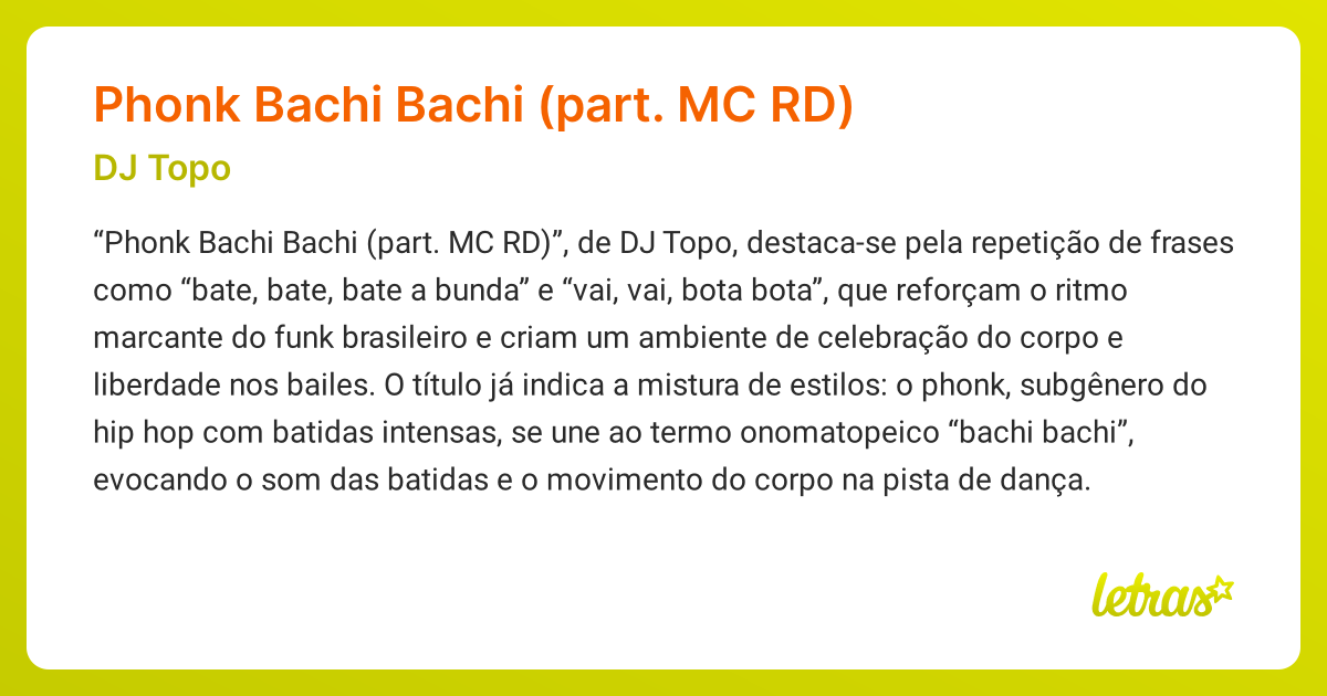 Significado da música Phonk Bachi Bachi (part. MC RD) (DJ Topo ...