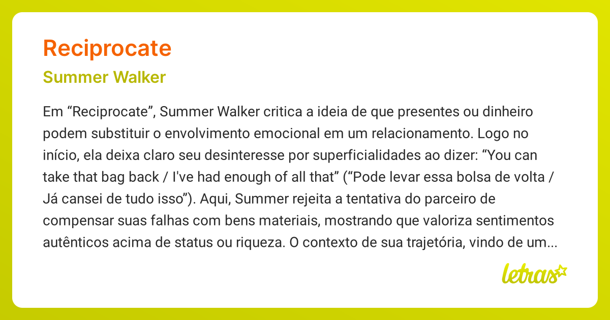 Significado da música RECIPROCATE (Summer Walker) - LETRAS.MUS.BR
