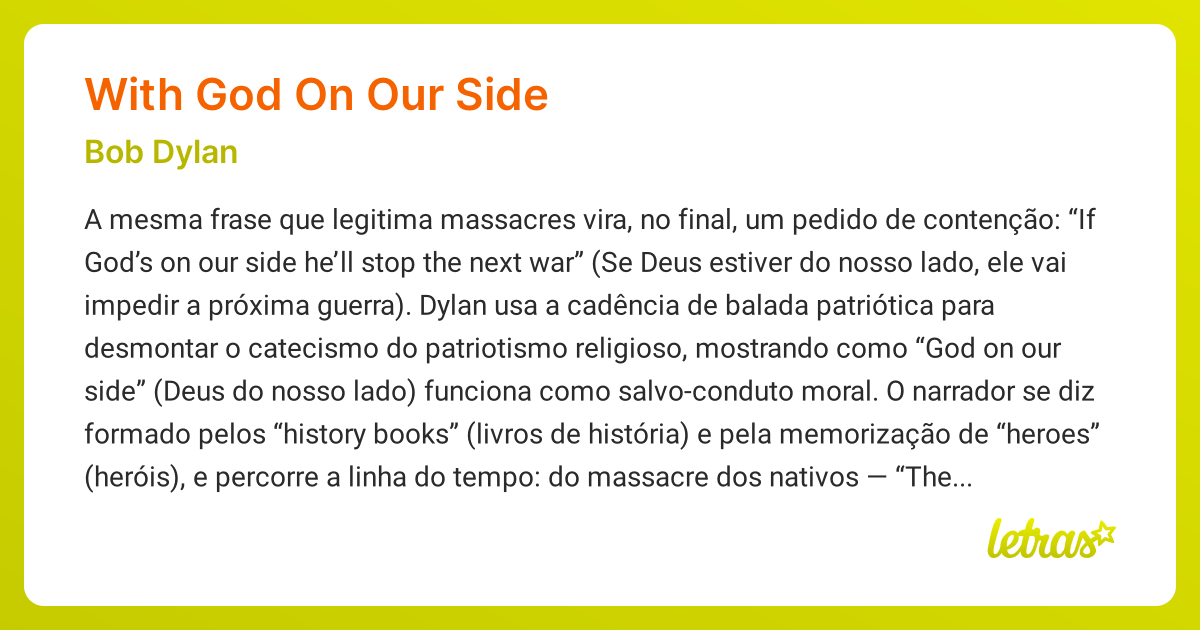 Significado da música WITH GOD ON OUR SIDE (Bob Dylan) - LETRAS.MUS.BR